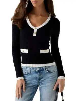 Guess Laurel Tipped V-neck Ribbed Sweater - Black