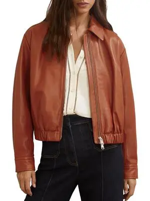 REISS Lottie Sheepskin Leather Jacket - Tan
