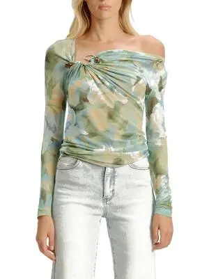 Bardot Marisol Asymmetric Mesh Top - Green Flo