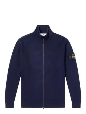 Stone Island Logo-Appliquéd Ribbed-Knit Cotton Zip-Up Cardigan Navy