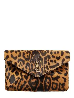 Saint Laurent Leopard-print Calf Hair Pouch With Logo - Brown