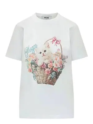 MSGM Floral Kitten Graphic T-shirt - White