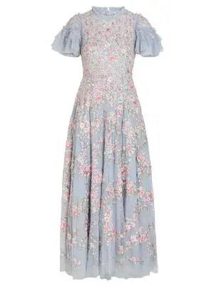 NEEDLE & THREAD Needle & Thread Lunaria Floral-Embroidered Tulle Gown Grey