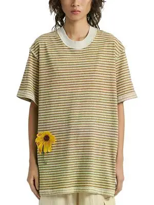 SONG FOR THE MUTE Striped T-shirt With Flower Detail - Brown