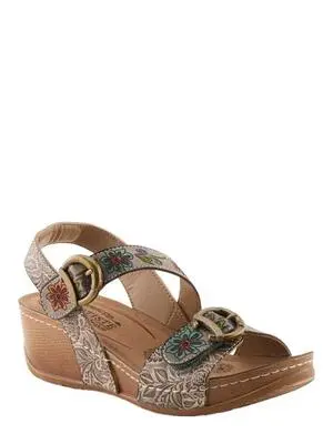 SPRING STEP SHOES Embossed Leather Wedge Sandals - Grey Multi