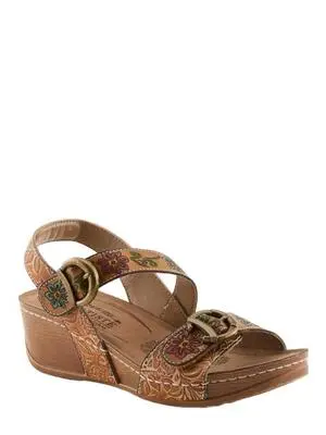 SPRING STEP SHOES Embossed Leather Wedge Sandals - Tan Multi