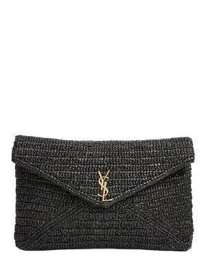 Saint Laurent Large Cassandre Raffia Envelope Clutch - Noir