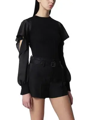 Sacai Knit Top With Semi-sheer Sleeves - Black