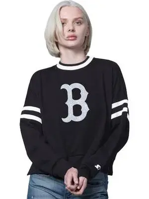 STARTER Boston Red Sox Rally Cropped Drop Shoulder Crewneck Sweatshirt - Black