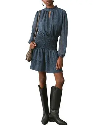 Mango Ruffle Smocked Waist Long Sleeve Dress - Blue