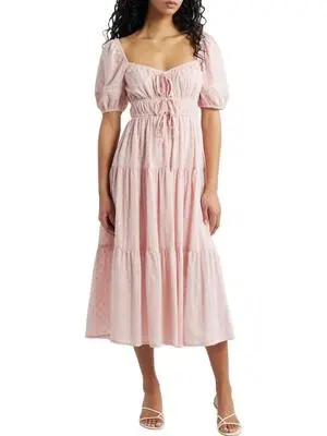 BLU PEPPER Puff Sleeve Tiered Cotton Midi Dress - Pink