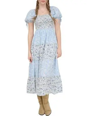 BLU PEPPER Smocked Tiered Midi Dress - Light Blue Multi