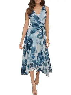 Donna Karan New York Floral Wrap Bodice Midi Dress - Nightfall Multi