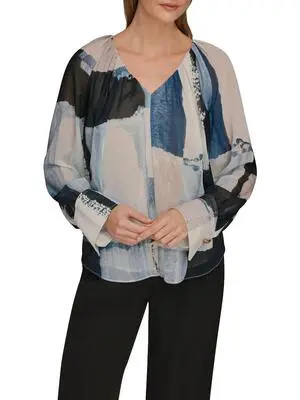 Donna Karan New York Printed Long Sleeve Top - Washed Indigo/cream
