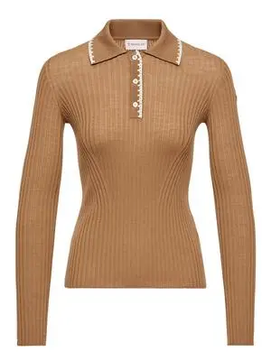 Moncler Wool Long Sleeve Polo Shirt - Beige