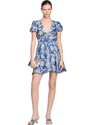 Sandro Floral Print Mini Dress - Blue / Ecru