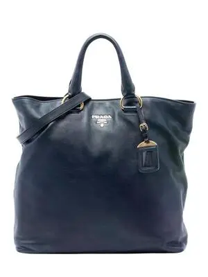 Prada 2010-2025 Soft Calf Open Convertible Tote Satchel - Blue