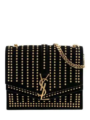 Saint Laurent 2018 Medium Studded Suede Monogram Sulpice Crossbody Bag - Black