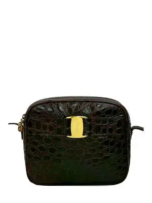 FERRAGAMO Croc Embossed Leather Vara Crossbody Bag - Brown