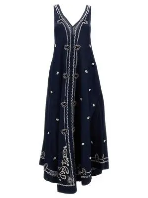 PAROSH Embroidered Linen Dress - Blue