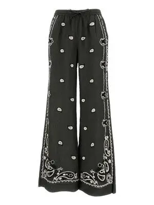 PAROSH Embroidered Linen Wide Leg Trousers Verde