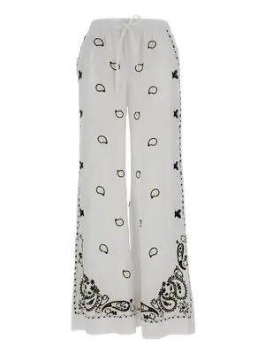 PAROSH Embroidered Wide-leg Linen Trousers - White