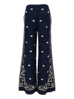 PAROSH Embroidered Linen Trousers - Blue