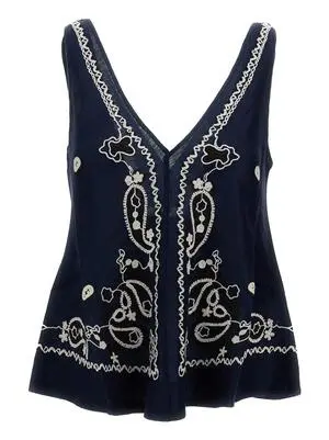 PAROSH Embroidered Linen Top - Blue