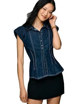 PILCRO Denim Puff Sleeve Top - Dark Denim