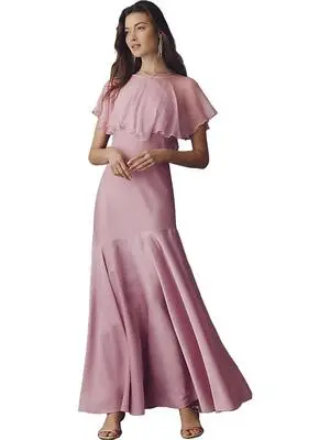 Bhldn Clara Satin Gown With Cape - Cherry Blossom Pink