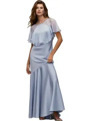 Bhldn Clara Satin Gown With Cape - Sky Blue