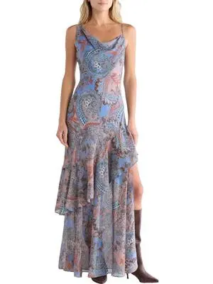 L'Agence Viola Asymmetric Tiered Gown - Periwinkle French Paisley