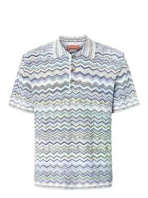 Missoni Cotton Knit Polo Shirt With Chevron Pattern - Blue
