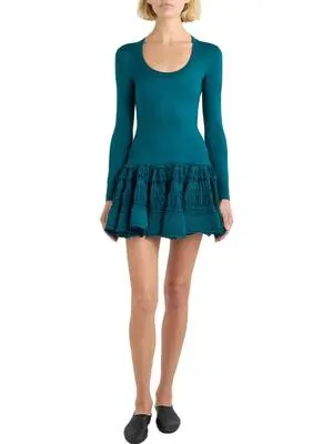 Alaïa Long-sleeve Ruffle-trimmed Wool-blend Minidress - Vert Petrole
