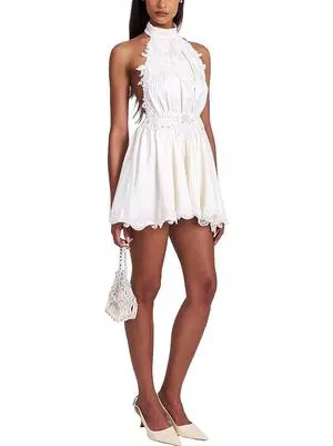 MISS CIRCLE Idalia Beaded Lace Trim Backless Halter Mini Dress - White