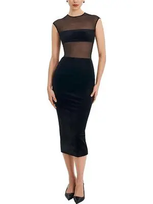MISS CIRCLE Mesh And Velvet Midi Bodycon Dress - Black