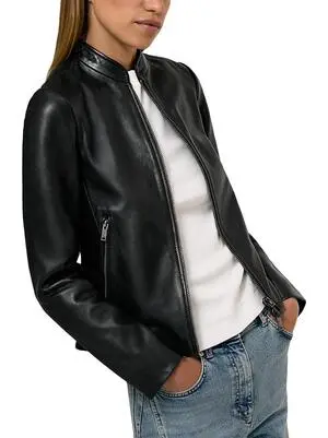 REISS Petite Allie Leather Biker Jacket - Black