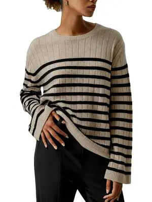 Lilysilk Drop-shoulder Striped Cashmere Sweater - Camel With Black Stripes