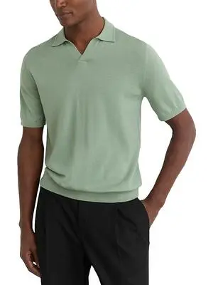 REISS Duchie Short Sleeve Open Collar Merino Polo Shirt - Light Sage