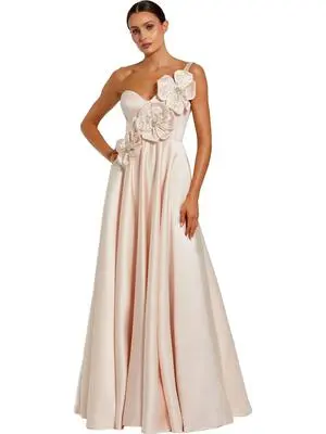 Mac Duggal One-shoulder Corset Gown With 3d Floral Appliqués - Oyster