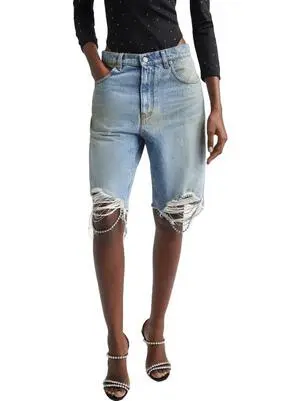 AREA Crystal Frayed Cutoff Denim Shorts