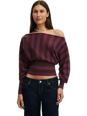 COTTON ON Everfine LS Batwing Knit Dark Oak Blackberry Stripe