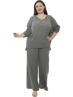 24SEVEN COMFORT APPAREL V-neck Waffle Knit Lounge Set - Grey