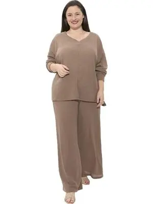 24SEVEN COMFORT APPAREL V-neck Waffle Knit Lounge Set - Taupe