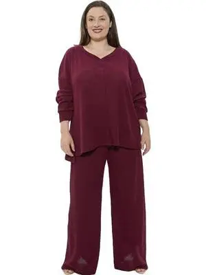 24SEVEN COMFORT APPAREL V-neck Waffle Knit Lounge Set - Wine