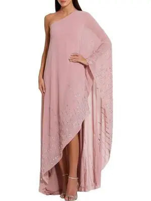 Mac Duggal One-shoulder Beaded Kaftan Gown - Antique Rose