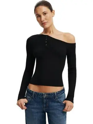 COTTON ON One Shoulder Henley Knit - Black