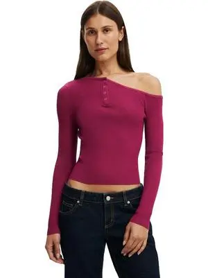 COTTON ON One Shoulder Henley Knit - Dark Lotus