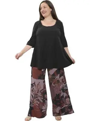 24SEVEN COMFORT APPAREL Floral Print Tunic Top And Pant Set - Brown Multi