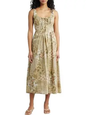 BLU PEPPER Milkmaid Print Maxi Dress - Olive